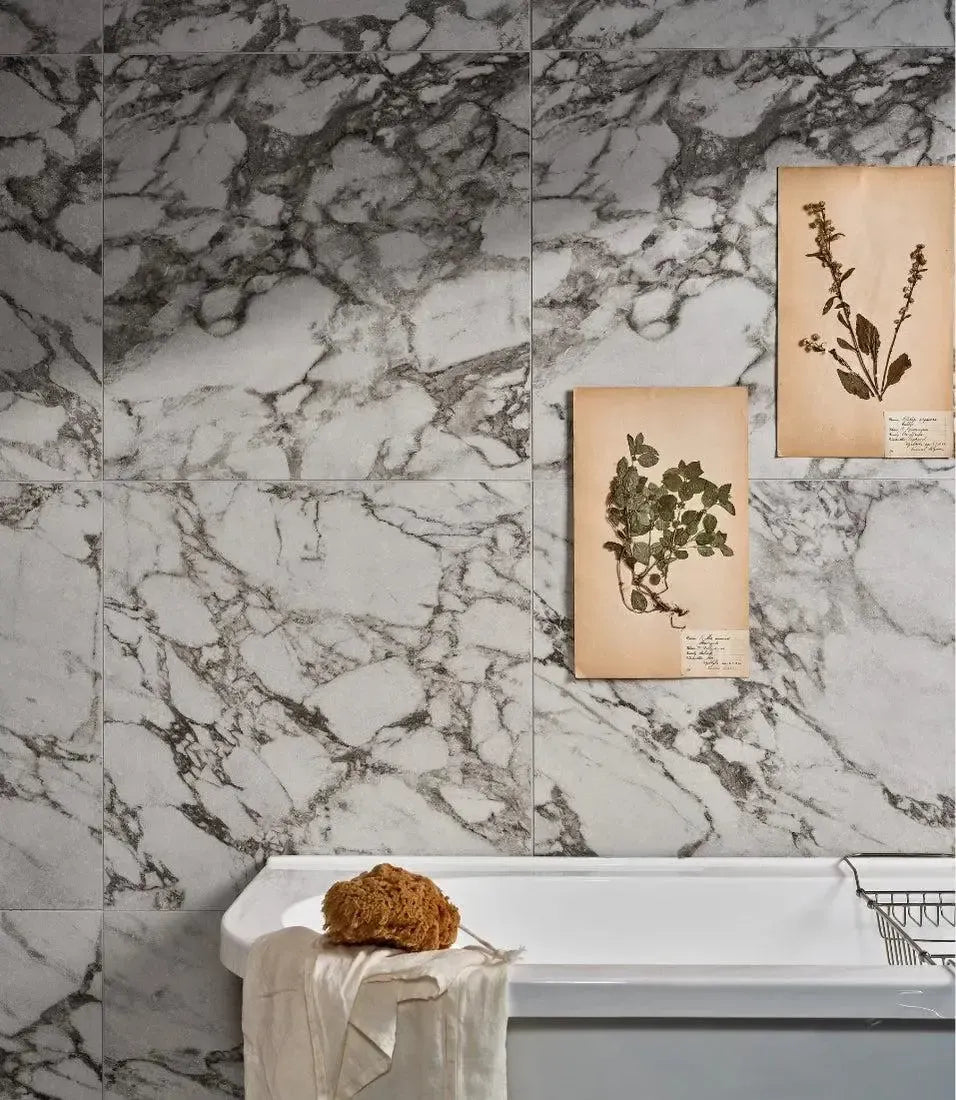 Brushed Marble | White with Grey Marble Tiles | Baked Tiles